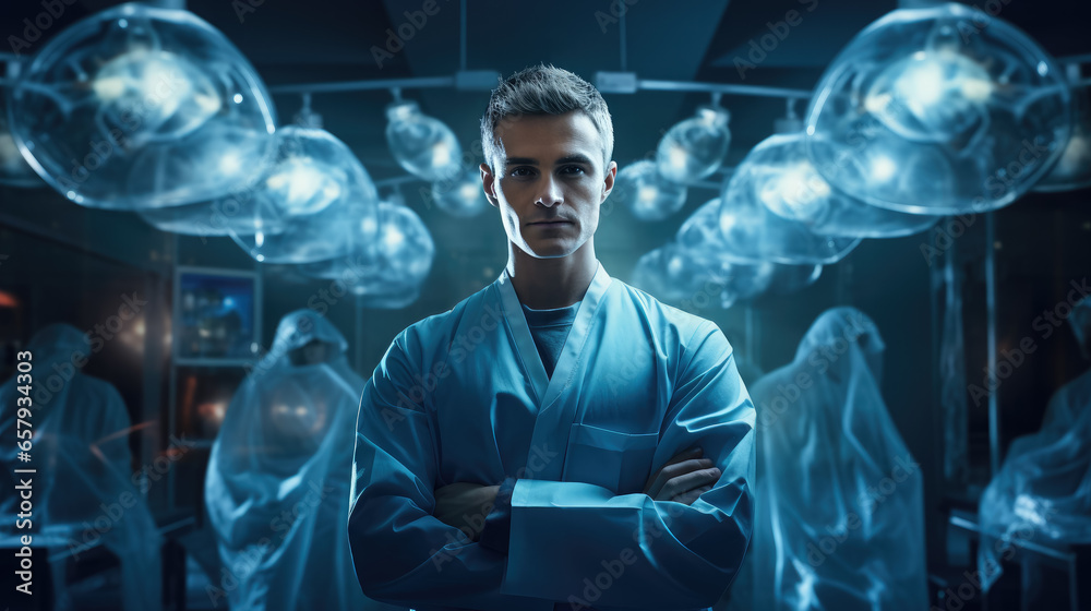 Generative AI, doctor in a mask and gown in the operating room ...