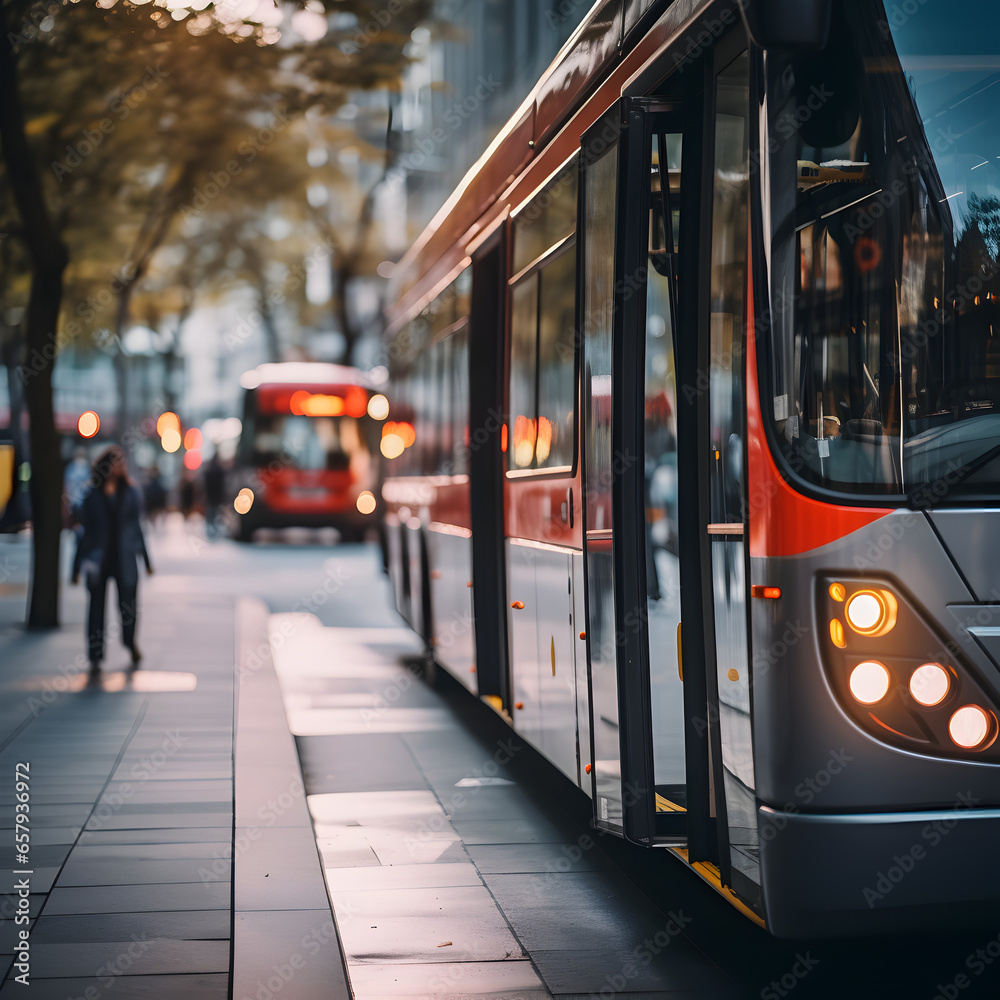 A metro city bus pulling up to a bus stop. A depiction of public ...
