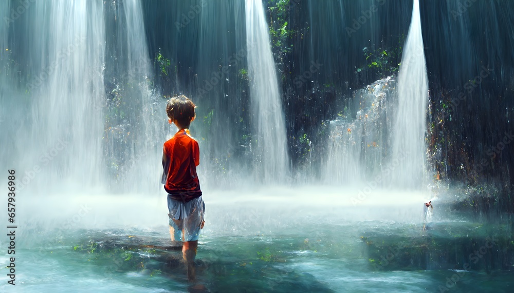 boy standing under waterfall head tilted forward 8k high detail ...