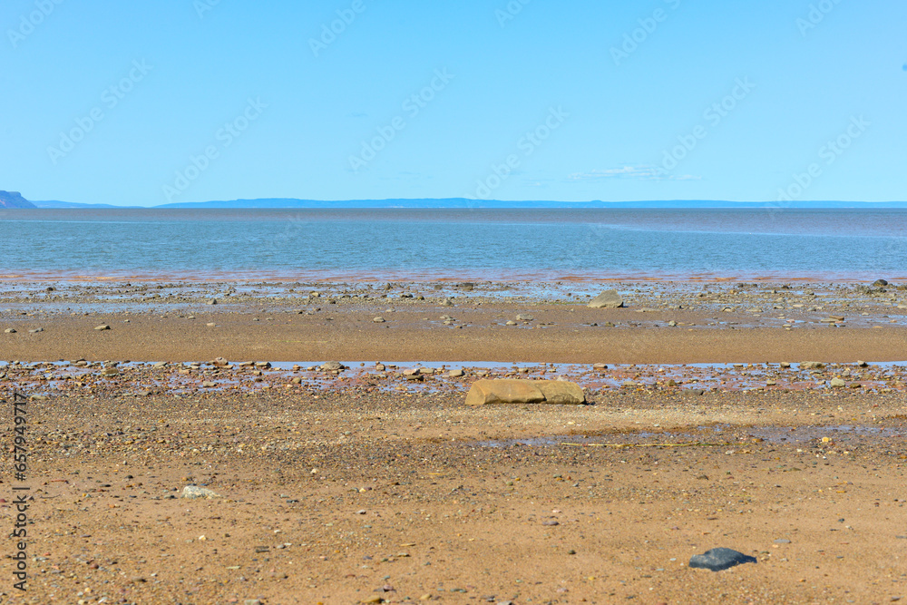 The Bay of Fundy seafloor covered in a red sandy mud. The ground has a ...
