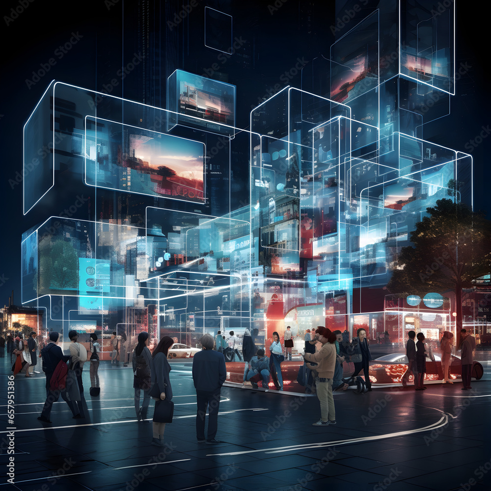 A digital shopping center with a crowd of people. A representation of ...