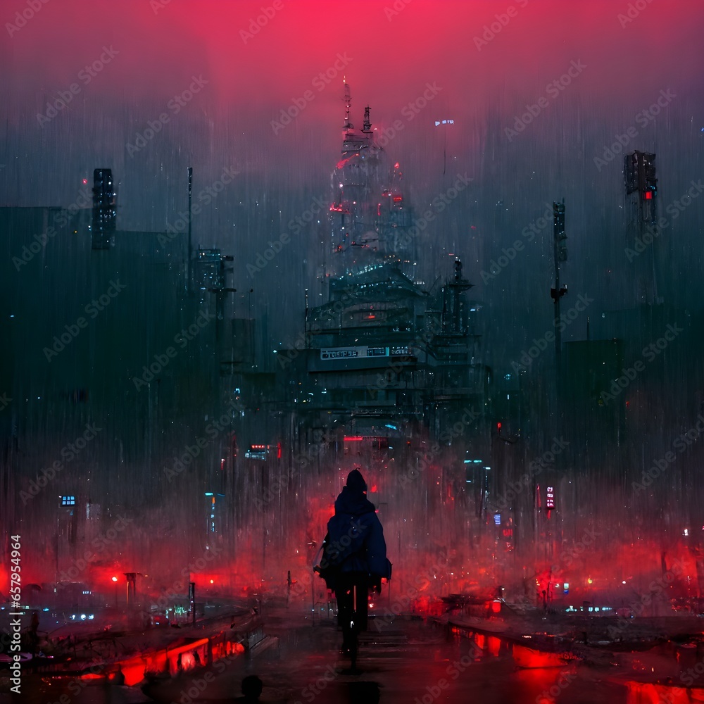 Cyber Ronin roaming the city of Tokyo night time raining vibrant colors ...