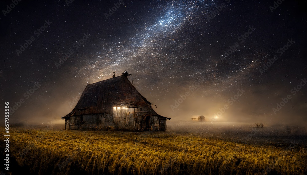 old barn at night in wheat field starry night sky with milky way centre ...