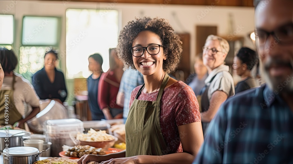 Group of friends enjoying a food bar in the canteen background ...