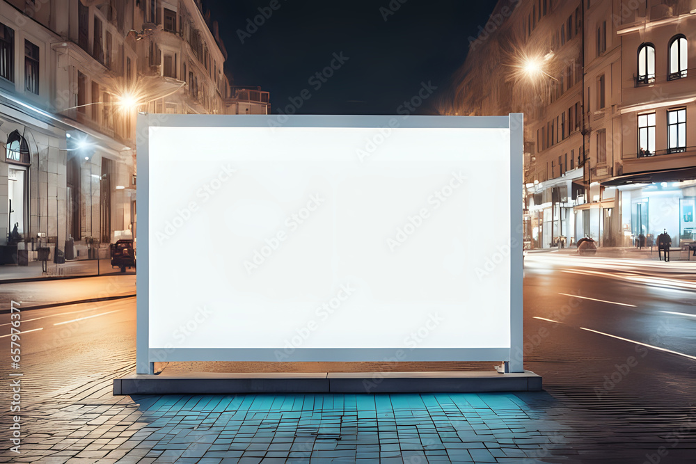 Blank glowing white advertising banner at night city street, blank ...
