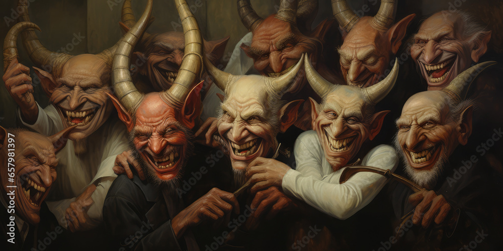 Bunch of greedy evil politics with devil like eyes and horns laughing ...