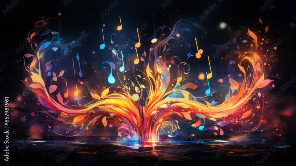 Melodic Splash. Vivid splash of music notes and colours, suggesting a ...