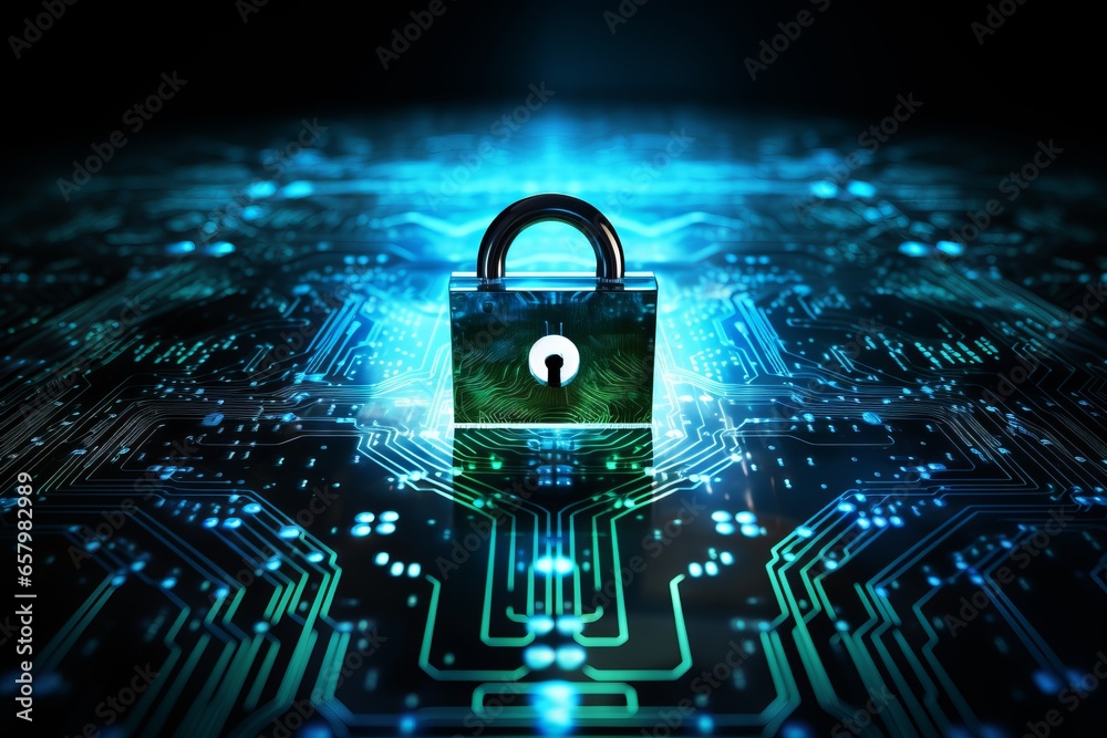 Illustration of a computer circuit with a padlock symbolising data ...
