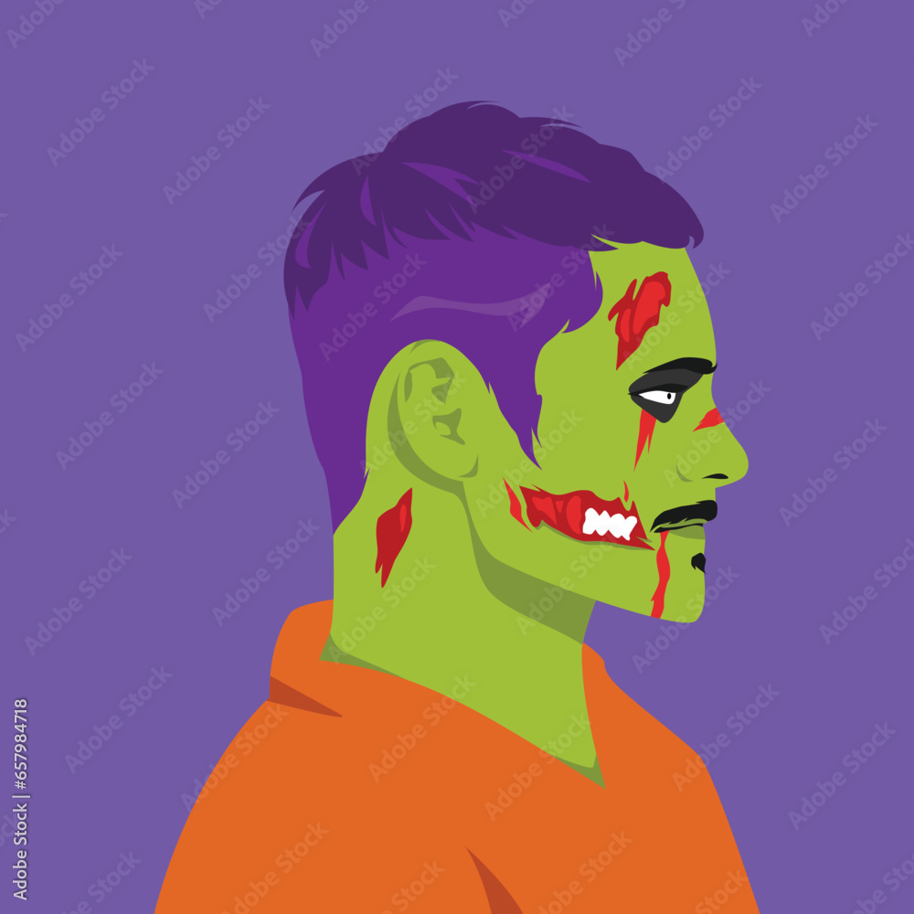 zombie man with a short hairstyle, a mustache and many blood, wounds on ...
