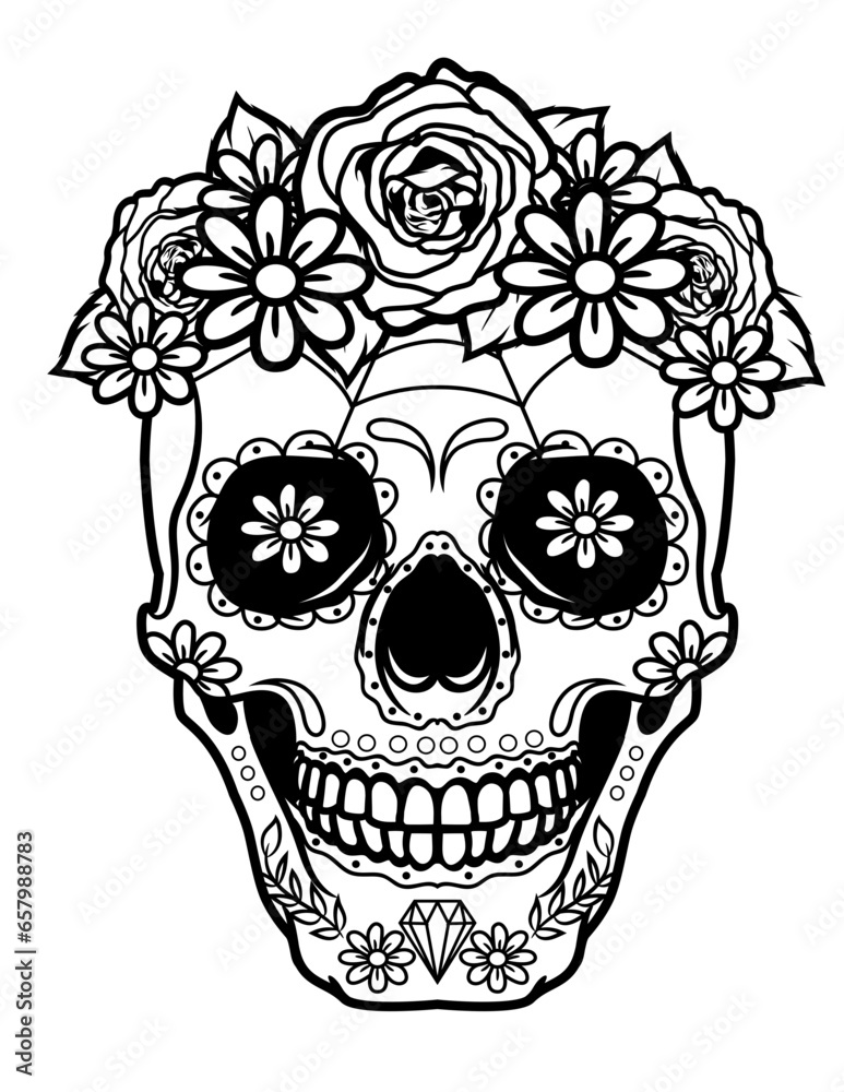 Floral Sugar Skull Vector Catrina Skull Stencil Female Skeleton Head
