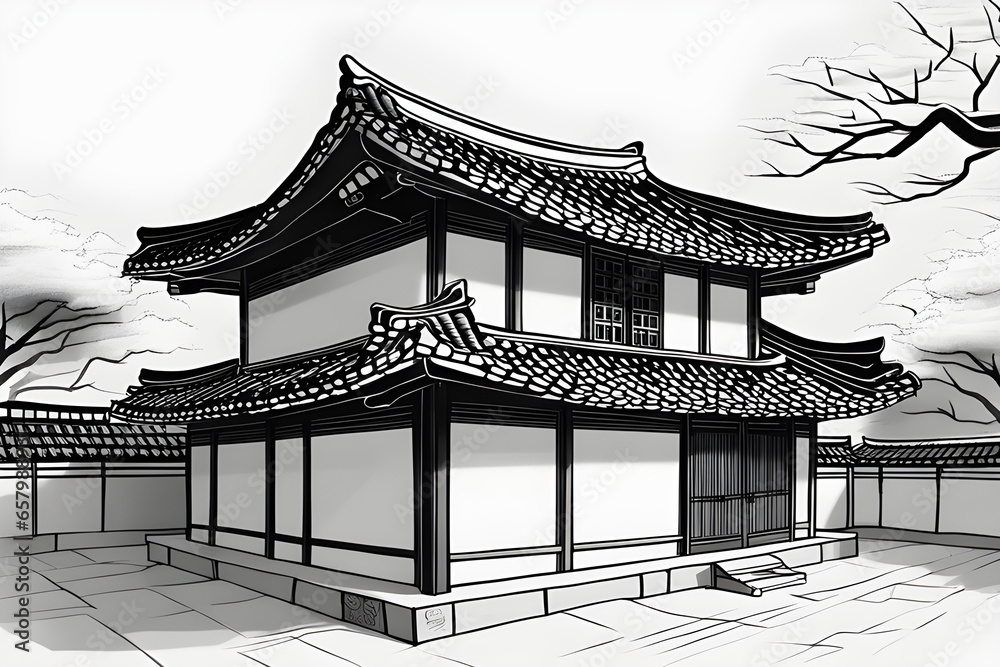 Draw a hanok (Korean traditional Korean house Generative AI Stock ...