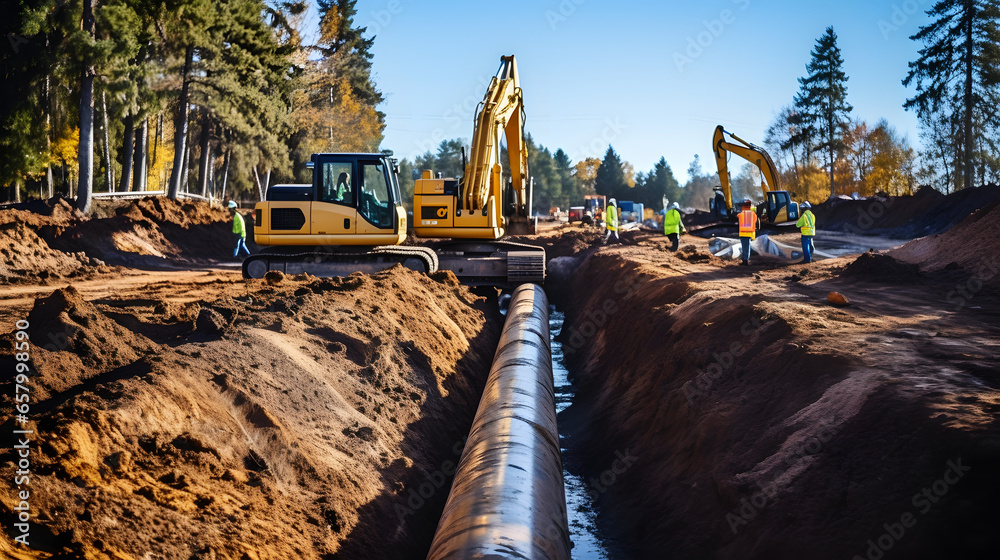 Natural gas pipeline construction. Excavator dig trench at forest. Backgoe on earthwork for ...