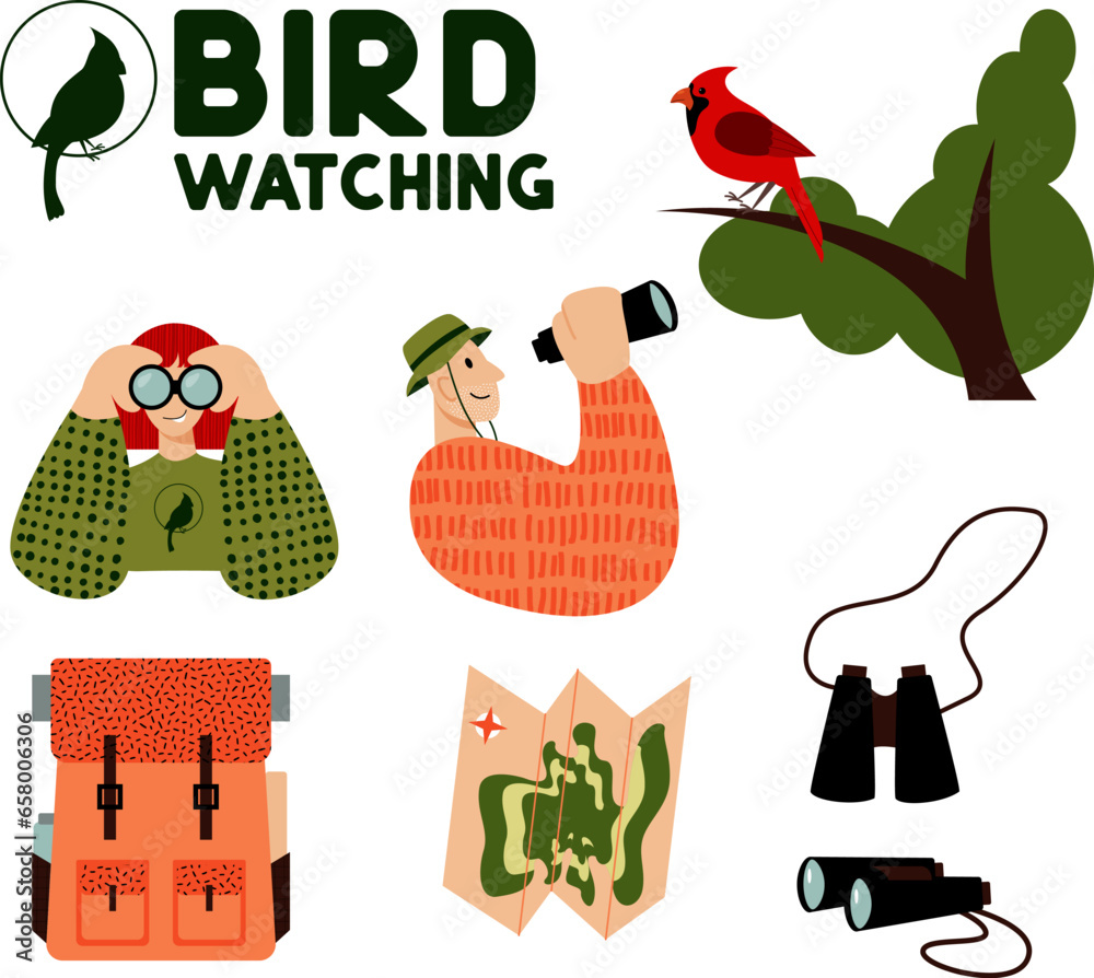 Bird watching set. Ornithology equipment: binoculars, backpack, map ...