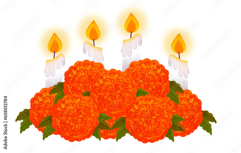 ภาพประกอบสต็อก Ilustración de velas y cempasúchil del Día de Muertos en ...