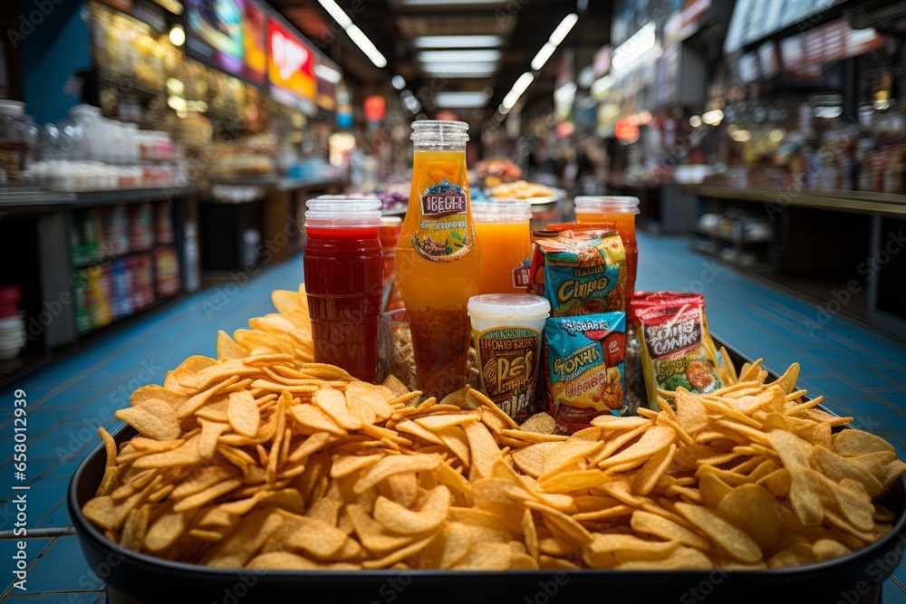 Convenience store's snack aisle, highlighting a wide selection of chips ...