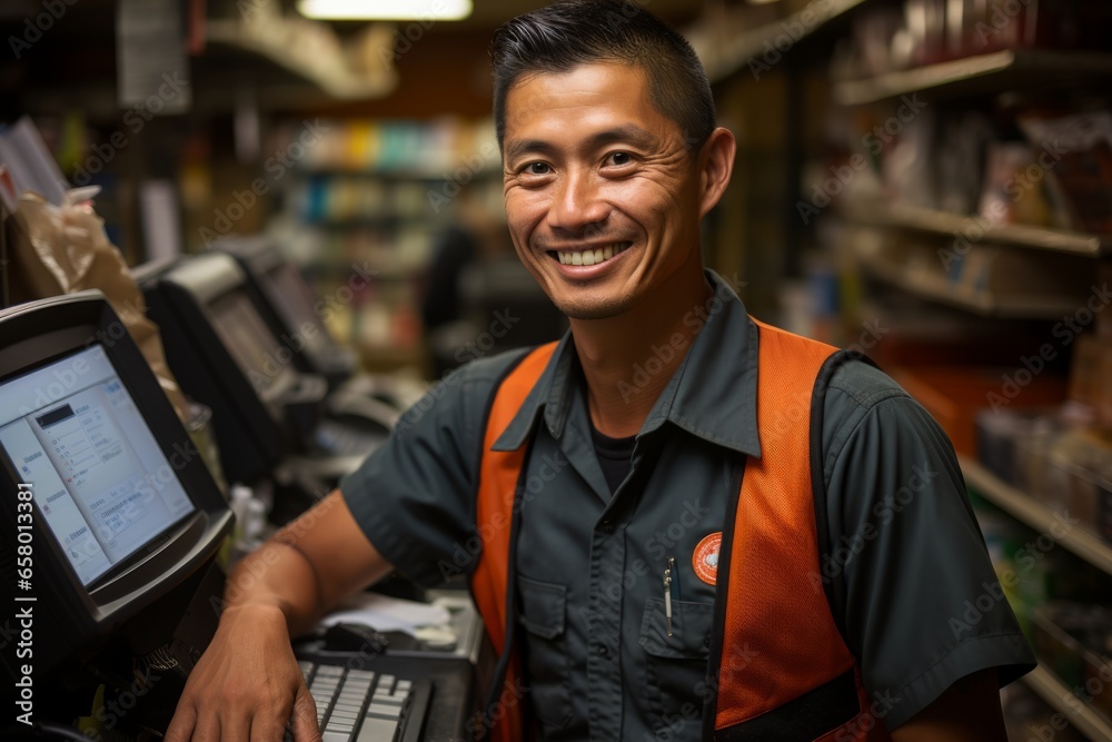 Friendly cashier at the checkout counter of a convenience store ...