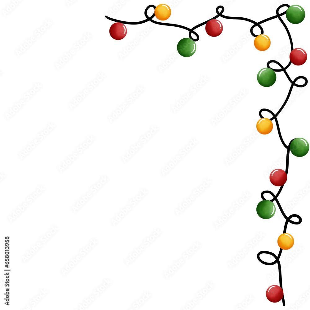 Watercolor border of colorful christmas lights on top right corner ...