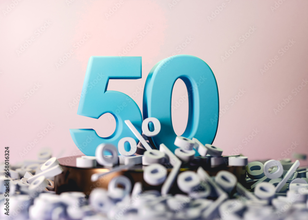 50% 3d number on podium with multiple percent symbols. light color ...