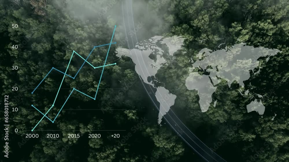 Rising chart and world map infographic on climate change over Birdseye ...