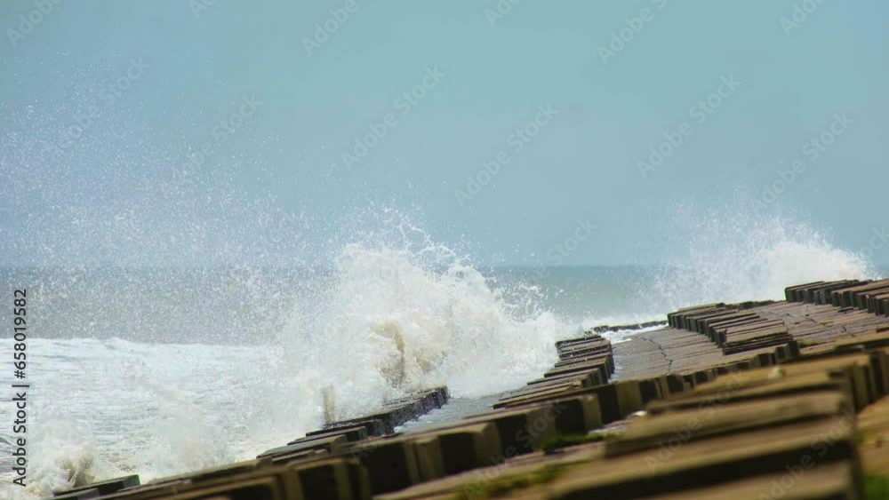 Cyclone coming. Billowy strong sea waves hitting coast of Bangladesh ...