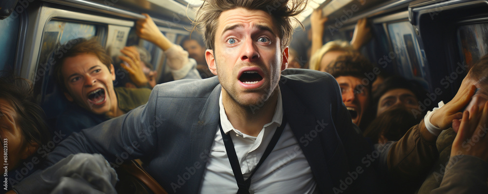 Journey of Fatigue: Tired Commuter Endures Crowded Train and Rush Hour ...