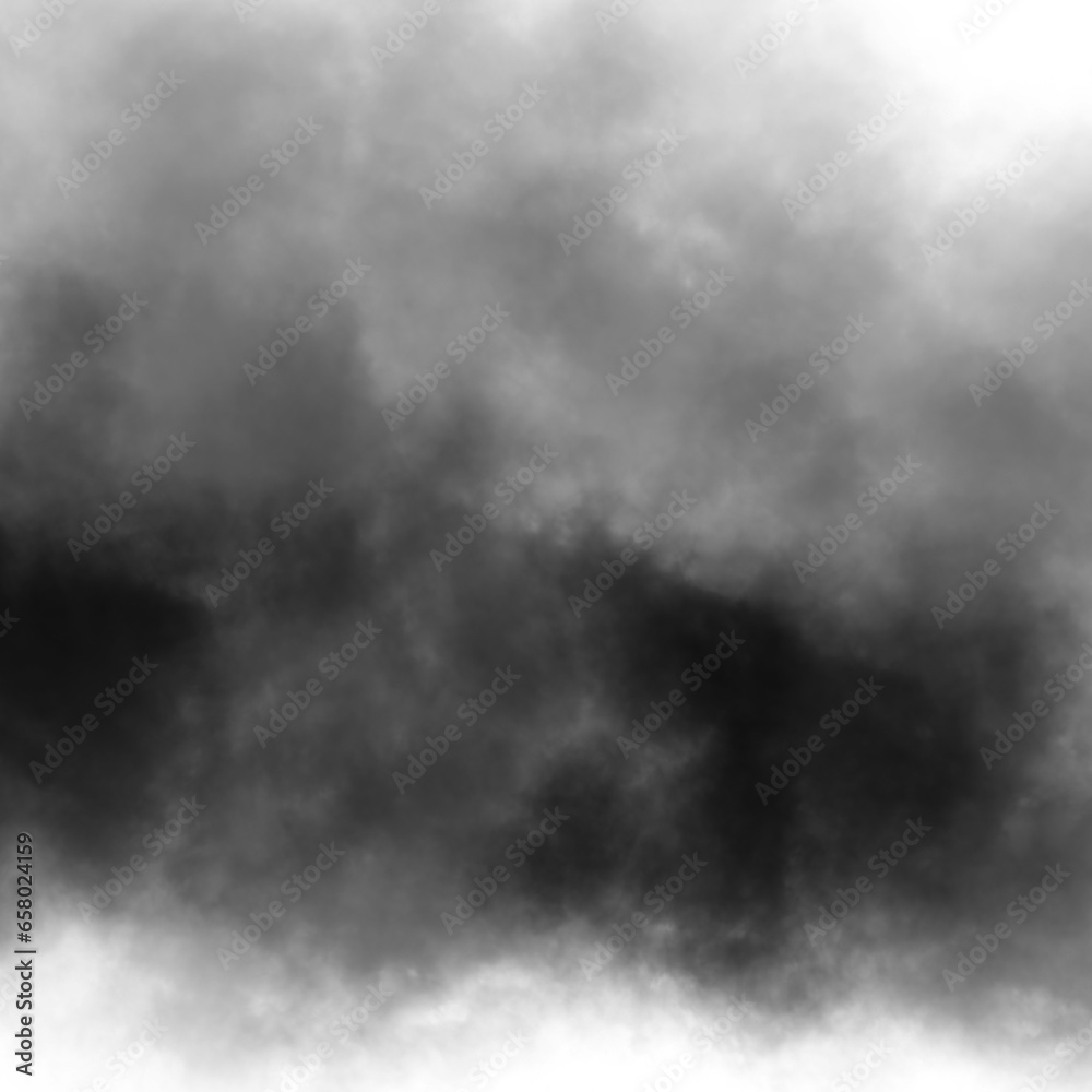 Abstract white puffs of smoke swirls overlay on black background ...