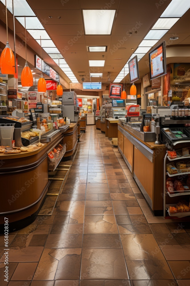 Convenience store's interior checkout area, capturing the hustle and ...