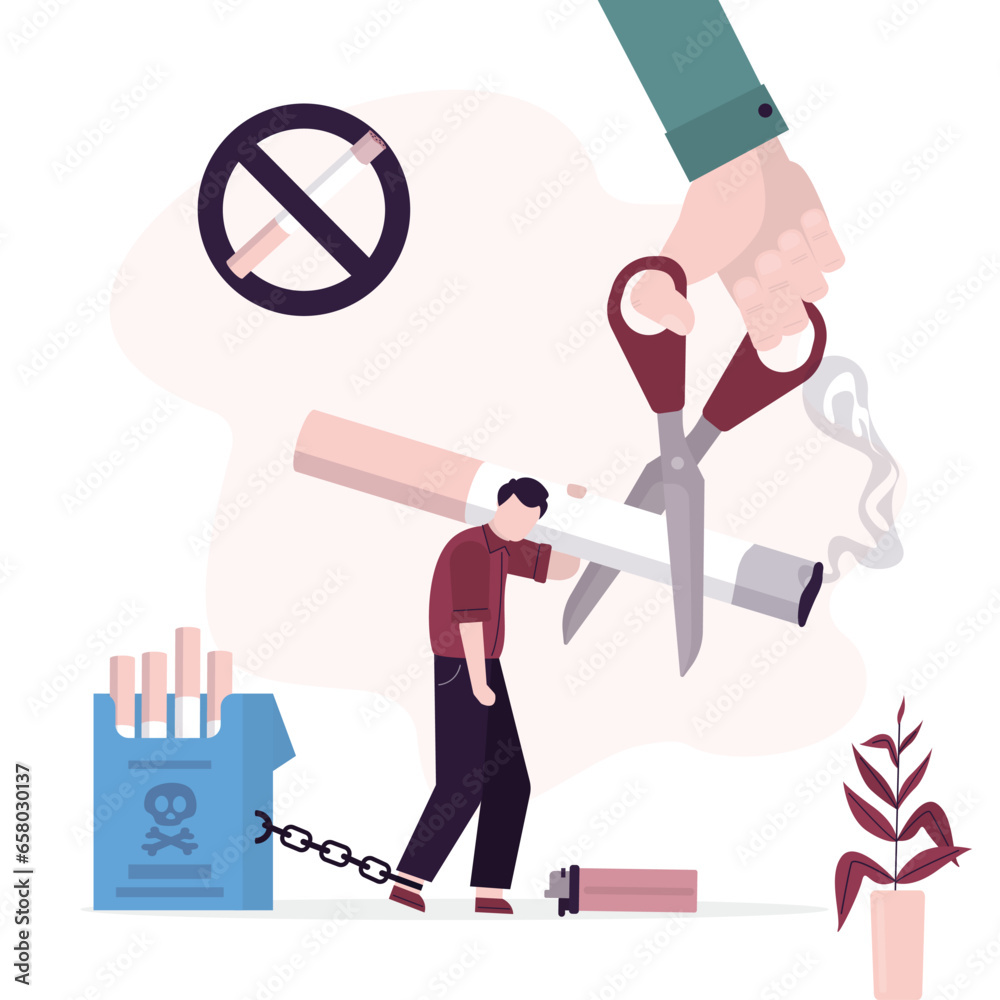 Unhappy man smoker with addiction. Hand of doctor or psychologist uses ...