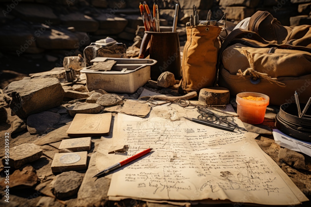Foto de Archaeologist's field notes and tools laid out at an excavation ...