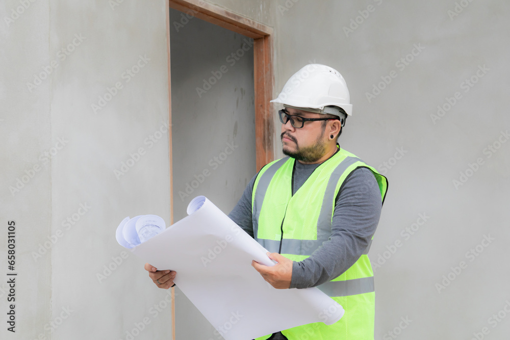 Young Asian overweight foreman contractor with beard wearing safety ...