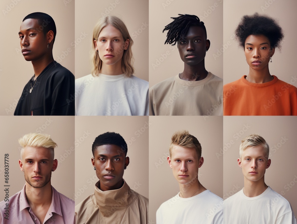 In the concept of diversity, different portraits of people in front of ...