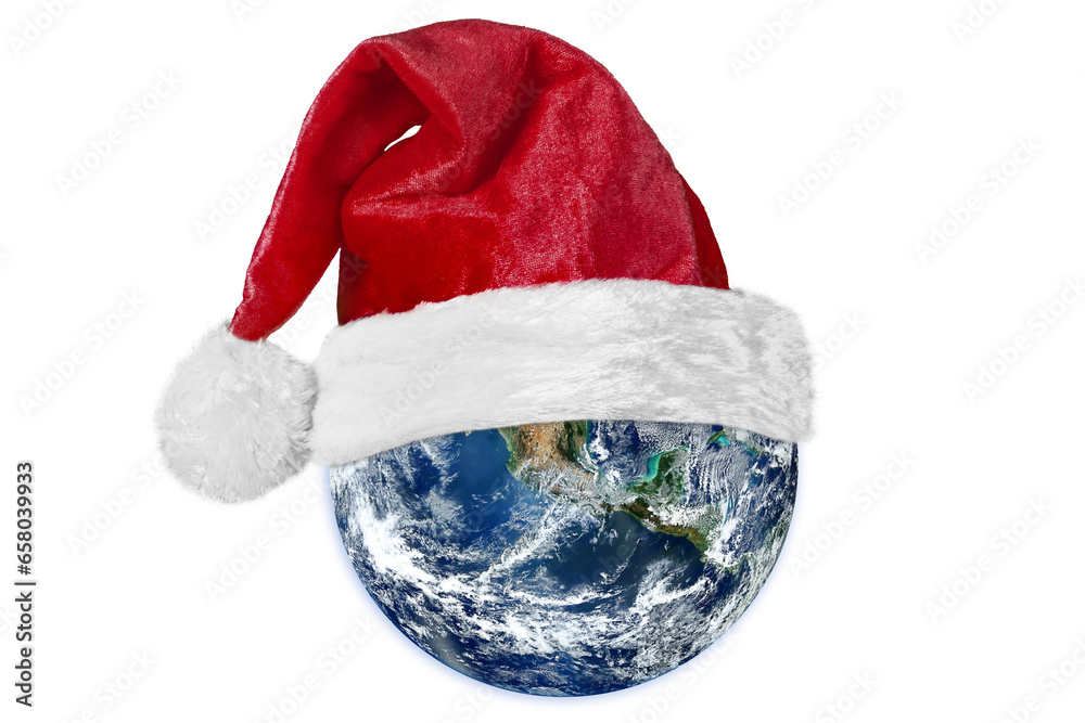 Earth with a Santa Claus hat for Christmas on a transparent background ...