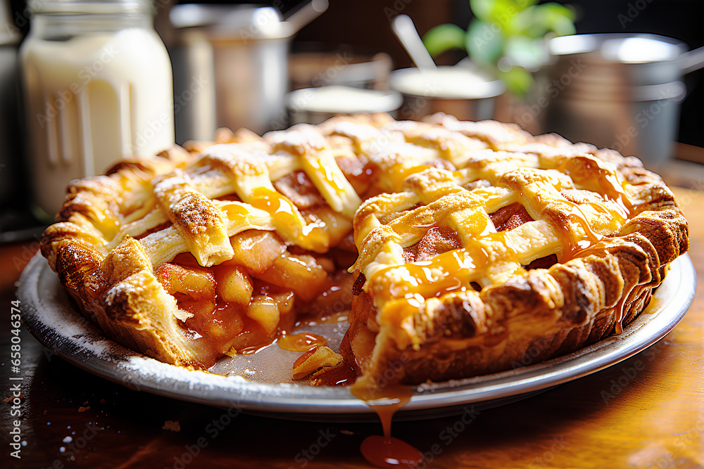 A close-up shot of a freshly baked apple pie, still steaming from the ...