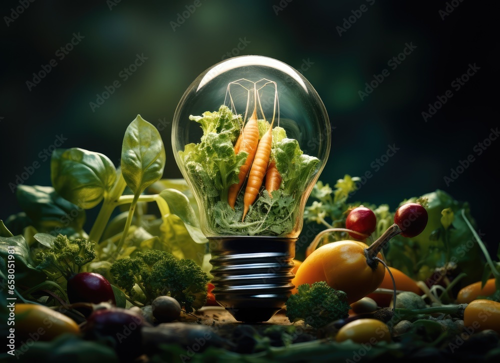 Light bulb with full of fruits and vegetable in the dark background ...