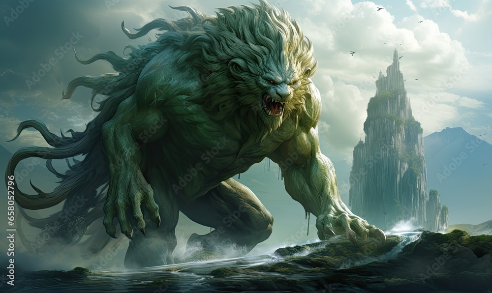 A striking image capturing the malevolence of an evil lion monster, its ...