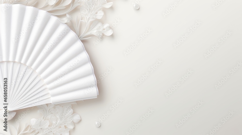 A white paper fan with a floral design on a white background. This ...