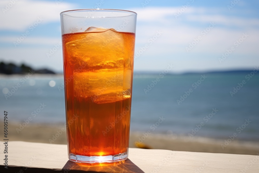 condensation on an iced tea glass with a beach background Stock Photo ...