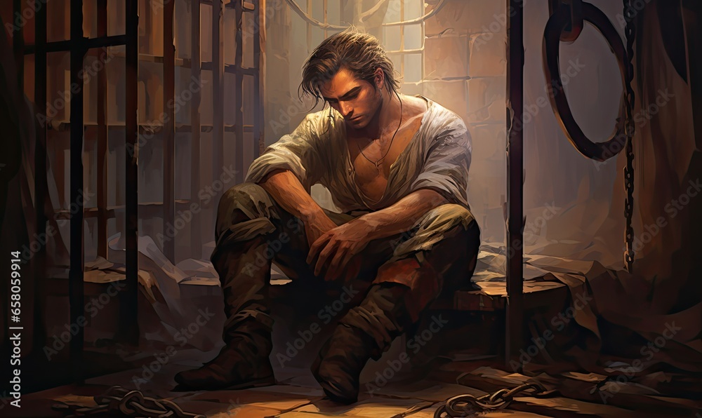 Photo of a man in a jail cell, captured in a powerful painting Stock ...