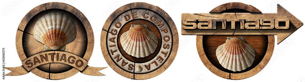 Camino De Santiago (Saint James), pilgrimage wooden symbols of Santiago ...