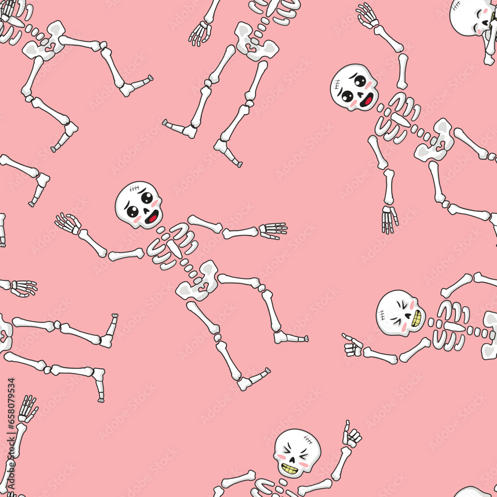 Cute skeletons on pink background seamless pattern. Cartoon Halloween ...