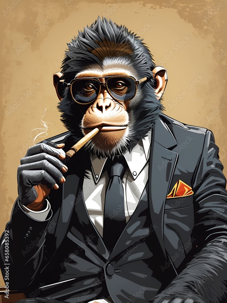 Ai Generated detailed illustration of monkey wearing black suit Dan ...