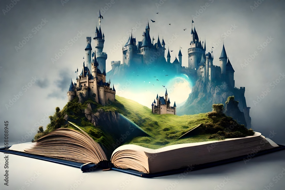 Open book with a fantasy world popping out. A castle illustration over ...