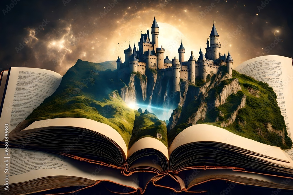 Open book with a fantasy world popping out. A castle illustration over ...