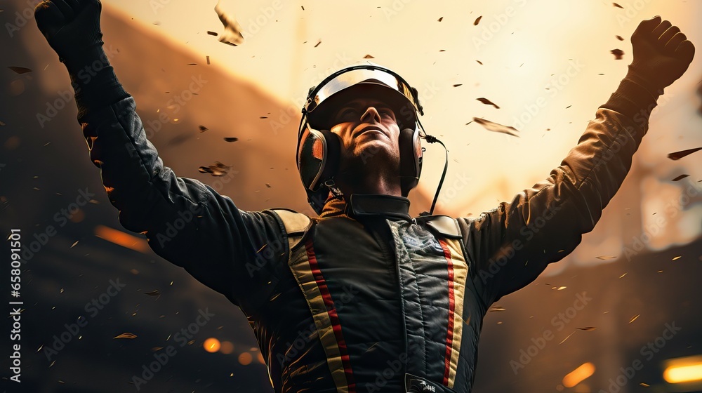 side view portrait of F1 driver of sport car wearing modern uniform and ...