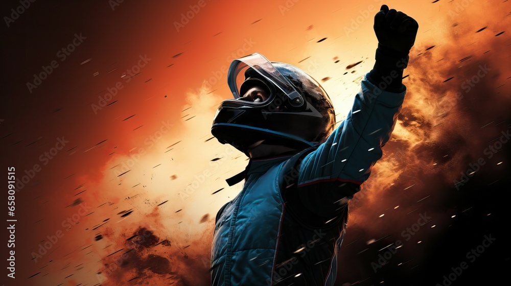 side view portrait of F1 driver of sport car in helmet raising up hands ...