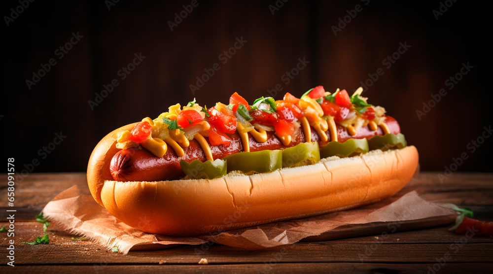 the best hot dog in the world, on a wooden table. soft light Stock ...