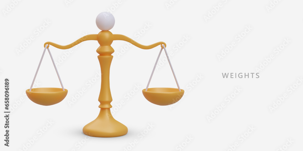 3D balance scales. Symbol of justice. Balance, equilibrium. Device for ...