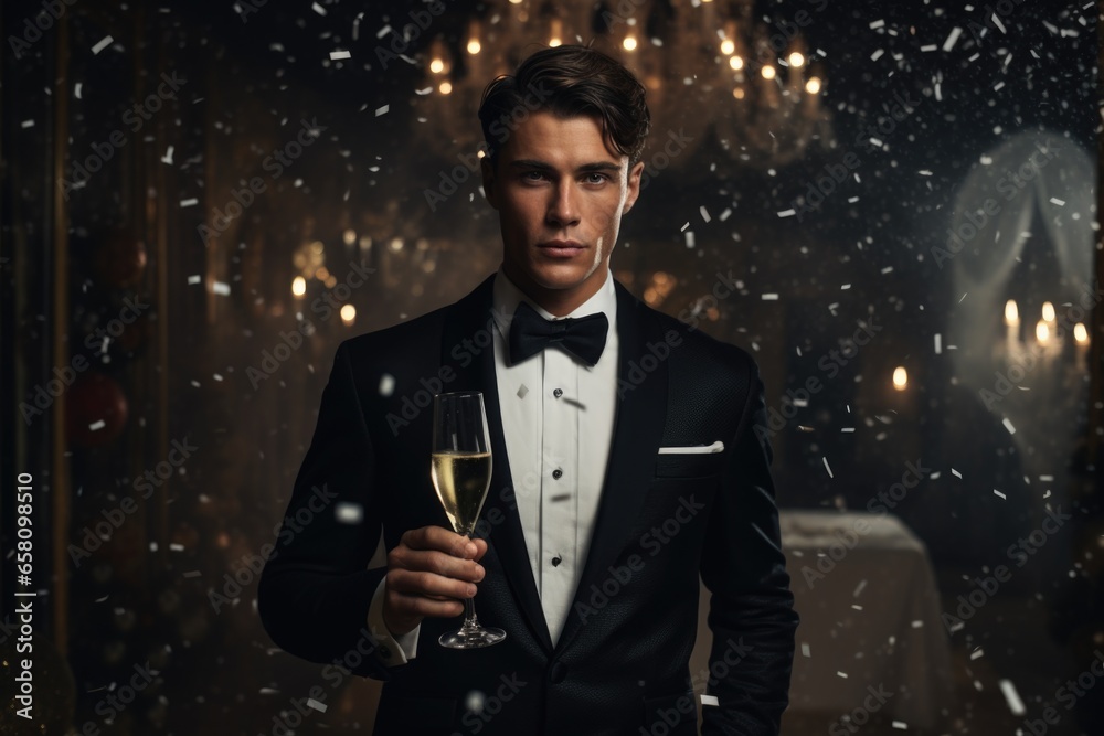 Celebrating New Year in style: a suited man with a drink in hand Stock ...