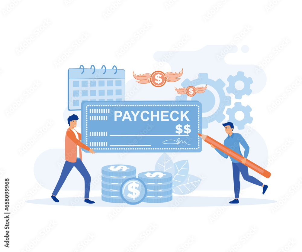 Characters with Pay Check, man Carry Huge Paycheck, Man with Ink Pen ...