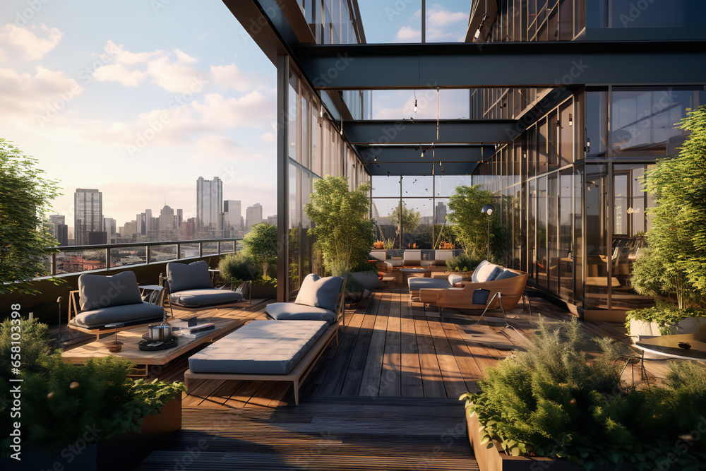 An outdoor terrace with seating arrangements and plants is connected to ...